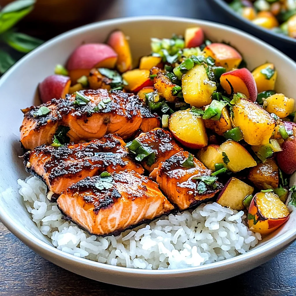 Crispy BBQ Salmon Bowls with Roasted Jalapeño Peach Salsa - Ko Recipe